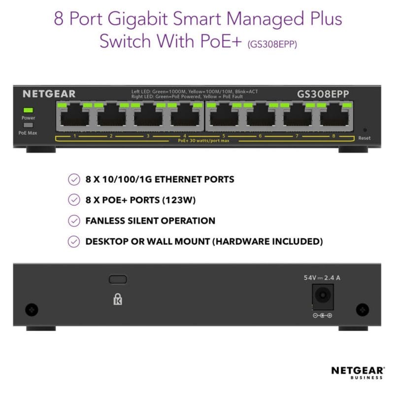 Netgear Unmanaged GS308EPP 8-Port Plus Desktop Gigabit PoE+ Switch ...
